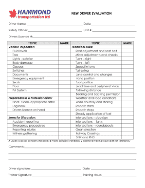 Fillable Online NEW DRIVER EVALUATION - bhammondtransportationbbcomb ...