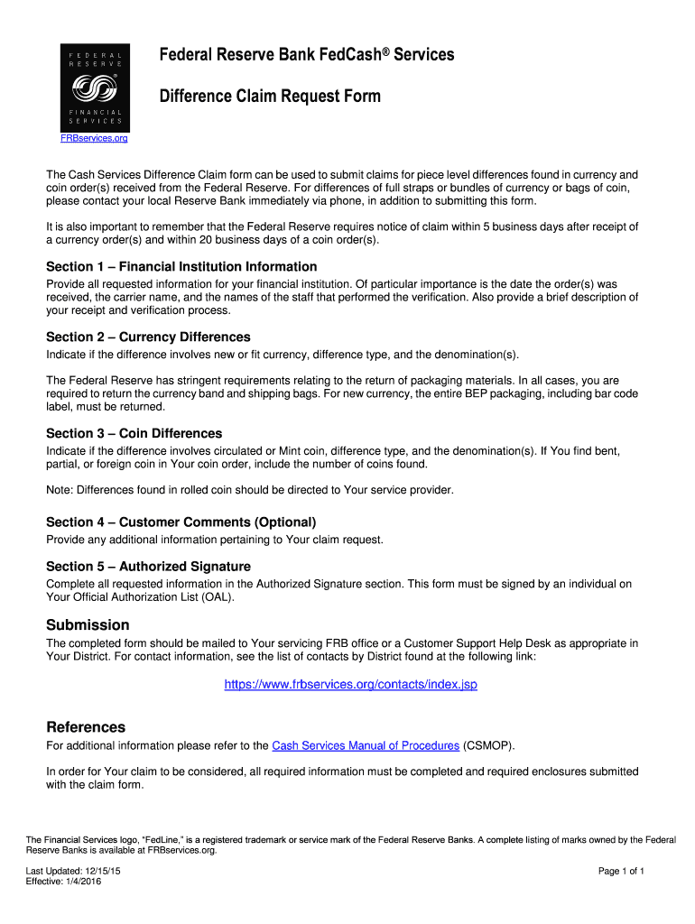 Fillable Online frbservices Difference Claim Request Form Instructions Difference Claim Request ...