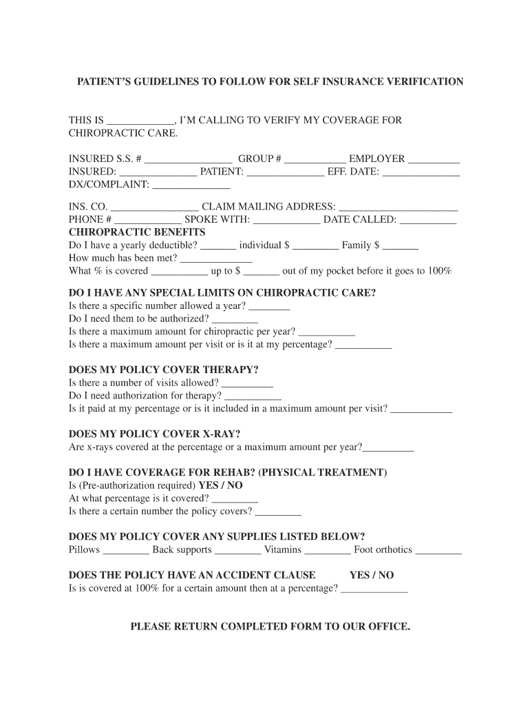 Fillable Online Insurance Verification Form - Elsasser Chiropractic Fax ...