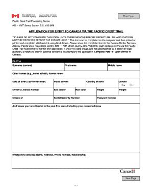 Fillable Online Application for entry to canada via the pacific crest ...