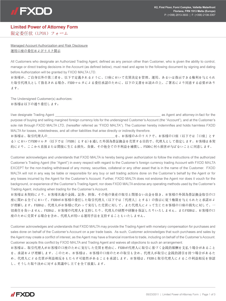 Fillable Online Limited Power of Attorney Form ??????LPOA????? - FXDD ...