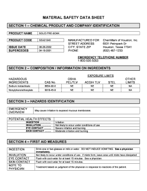 Fillable Online Printable MSDS Form for: Solid Pre-Soak - ChemMark ...
