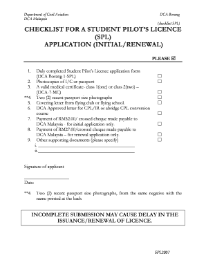 Fillable Online CHECKLIST FOR A STUDENT PILOT S LICENCE (SPL) Fax Email ...