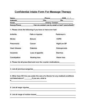 Fillable Online Confidential Intake Form For Massage Therapy Fax Email Print - pdfFiller