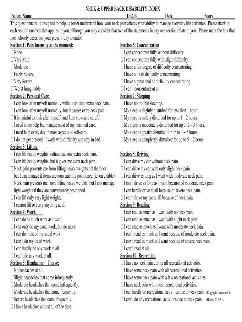 Fillable Online NECK & UPPER BACK DISABILITY INDEX Fax Email Print ...