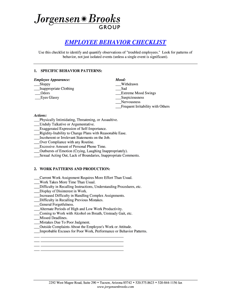 Fillable Online Employee behavior checklist - Jorgensen Brooks Group ...