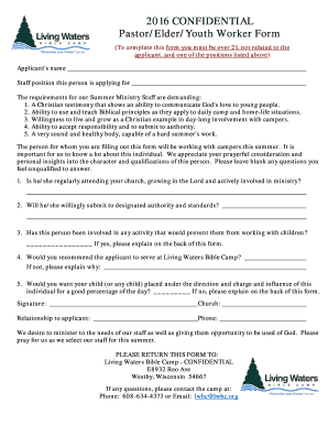 Fillable Online lwbc 2016 CONFIDENTIAL PastorElderYouth Worker Form Fax ...