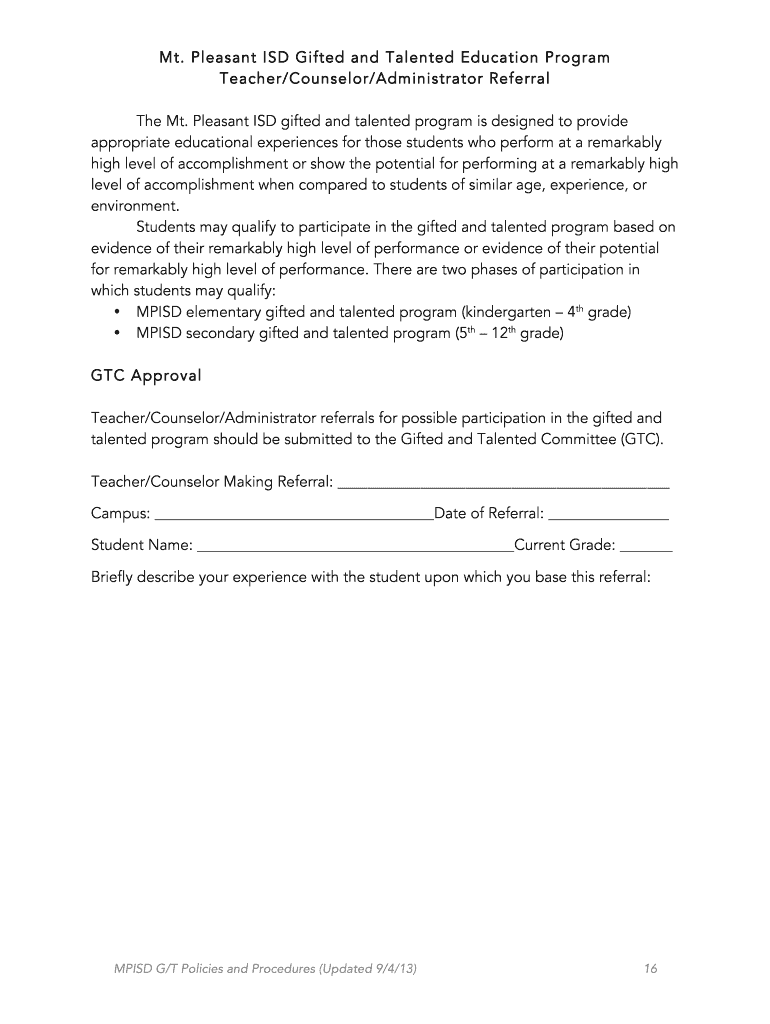Fillable Online Pleasant ISD Gifted and Talented Education Program Fax ...