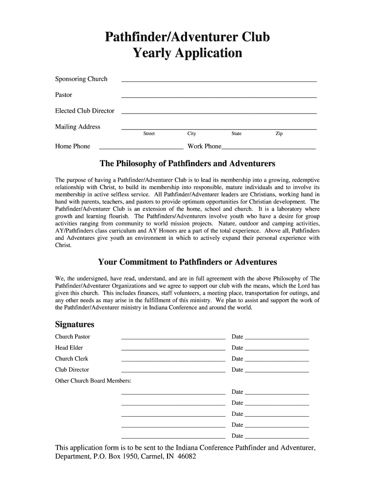 Fillable Online indysdayouth Pathfinder Club Yearly Application ...