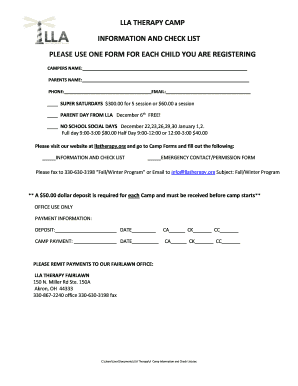 Fillable Online llatherapy LLA THERAPY CAMP INFORMATION AND CHECK LIST ...