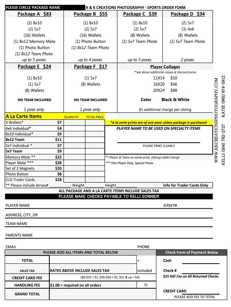 Fillable Online PLEASE CIRCLE PACKAGE NAME K amp K CREATIONS ...