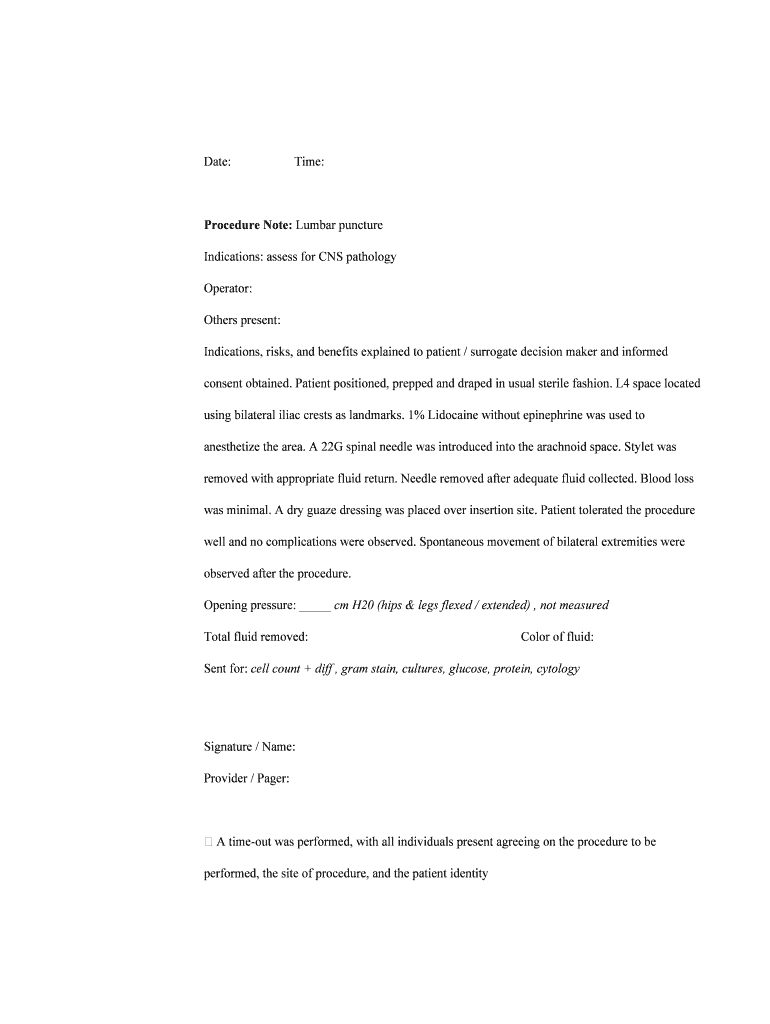Fillable Online Procedure Note: Lumbar puncture Fax Email Print - pdfFiller