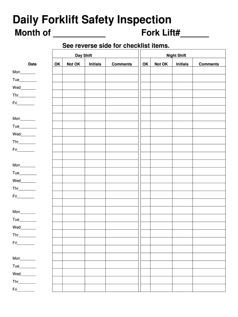 Daily Forklift Safety Inspection Form - Blank Fillable Template | Fill ...