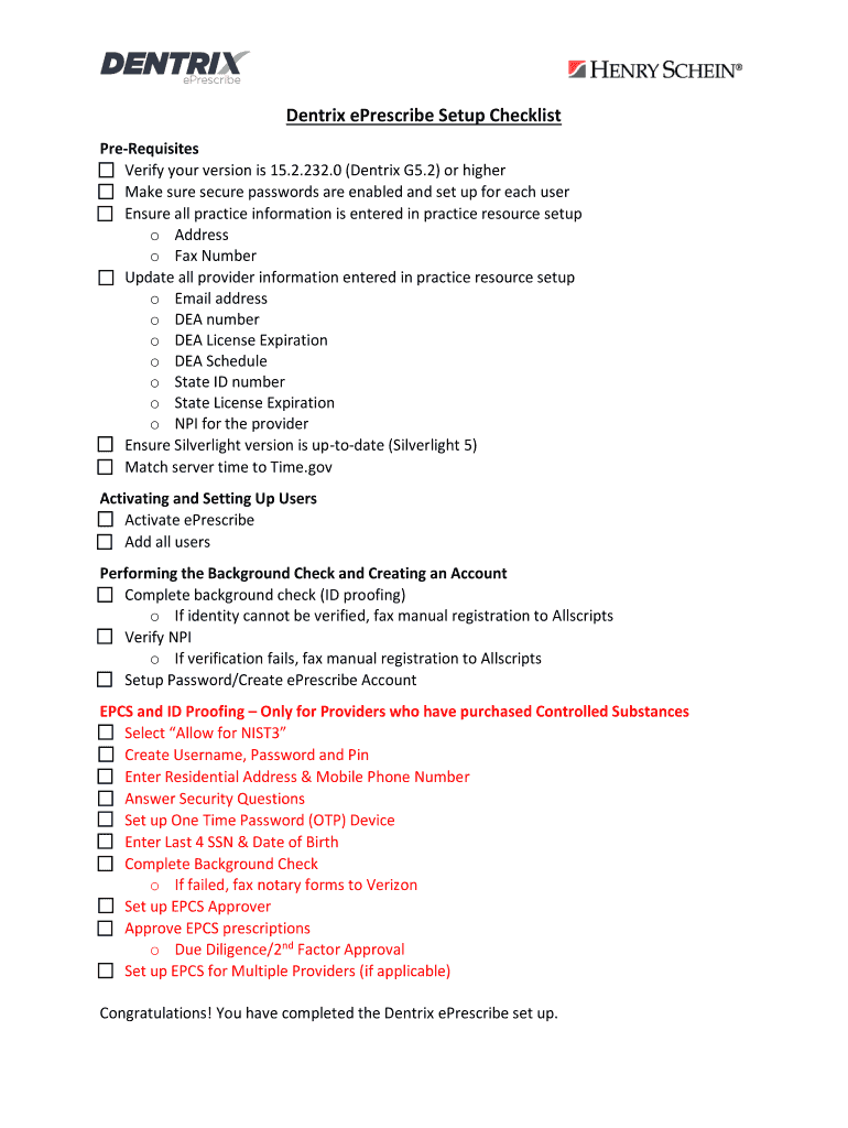 Fillable Online Dentrix ePrescribe Setup Checklist Fax Email Print ...