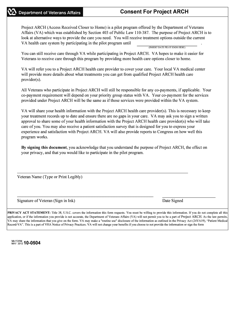 Fillable Online va Consent For Project ARCH - US Department of Veterans ...