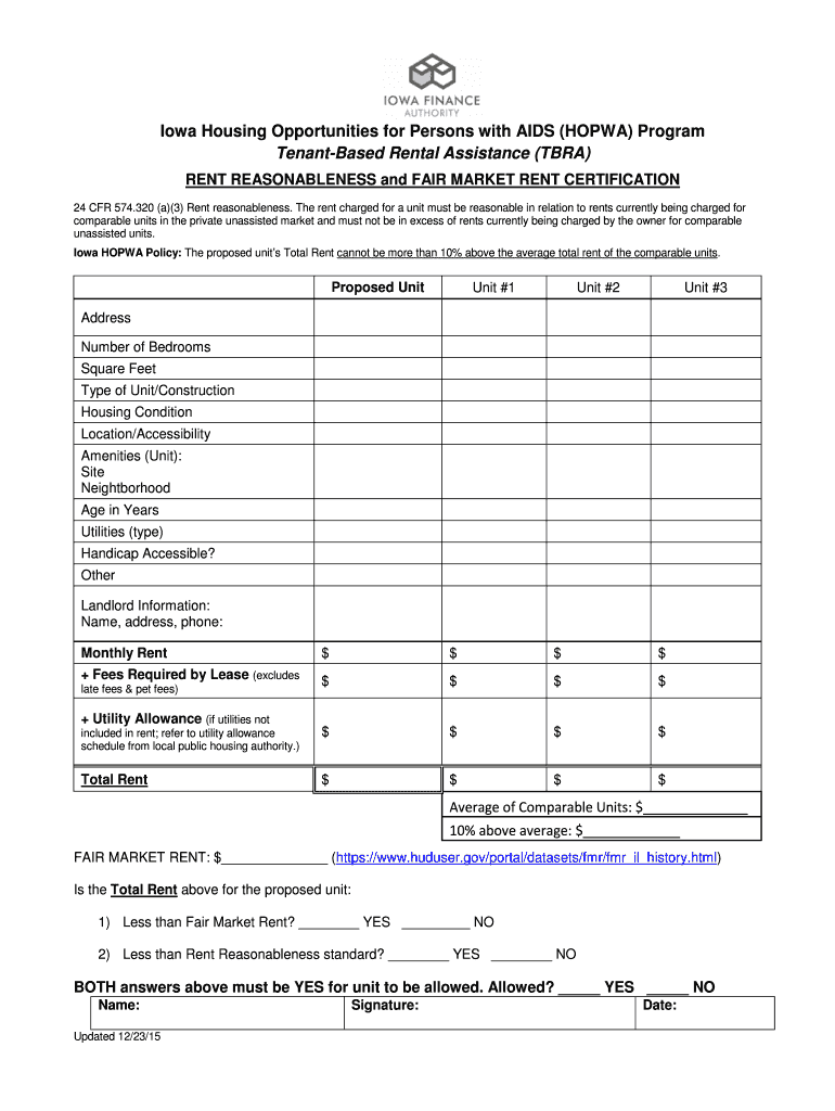 Fillable Online iowafinanceauthority HOPWA Rent Reasonableness and Fair ...