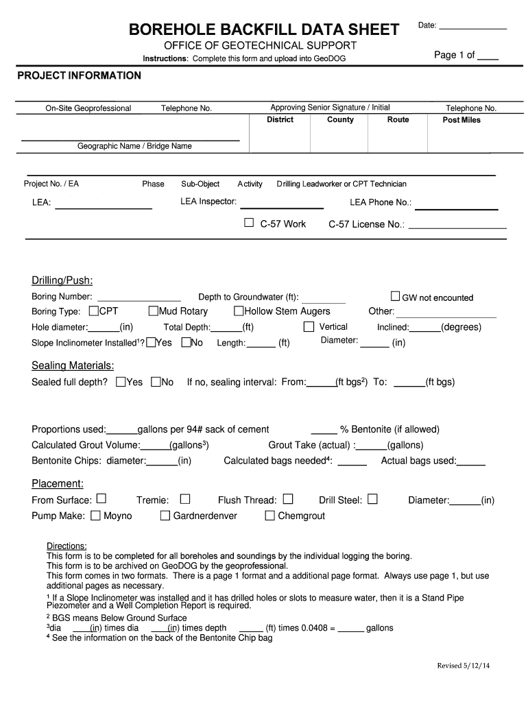 Fillable Online dot ca BOREHOLE BACKFILL DATA SHEET Date: OFFICE OF ...