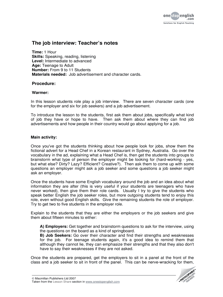 Fillable Online The job interview: Teachers notes Fax Email Print ...