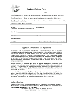 Fillable Online Applicant Release Form - The Nielson Group Fax Email ...