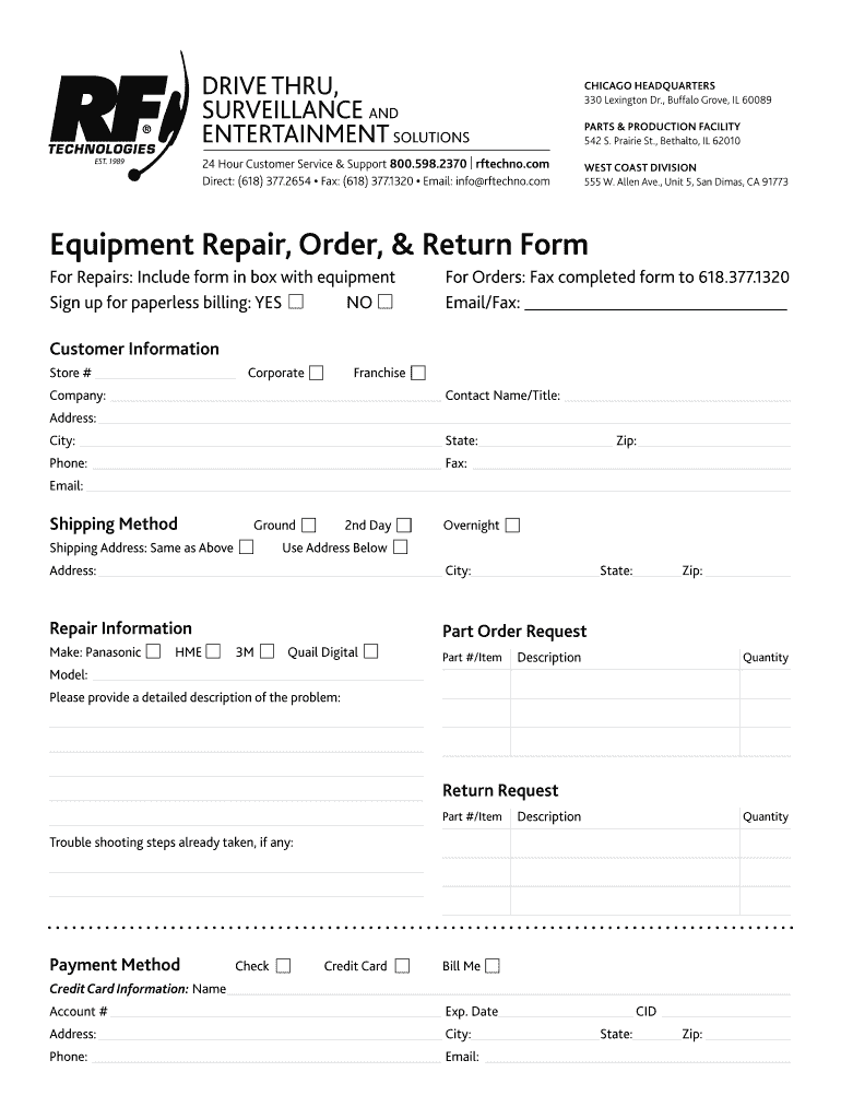 Fillable Online Equipment Repair Order amp Return Form Fax Email Print ...