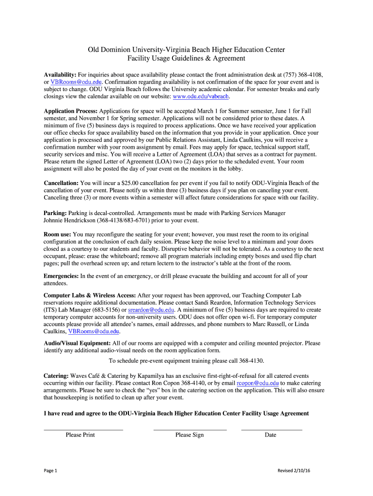 Fillable Online odu ODU bVirginiab Beach Room Application - Old Dominion University Fax Email ...