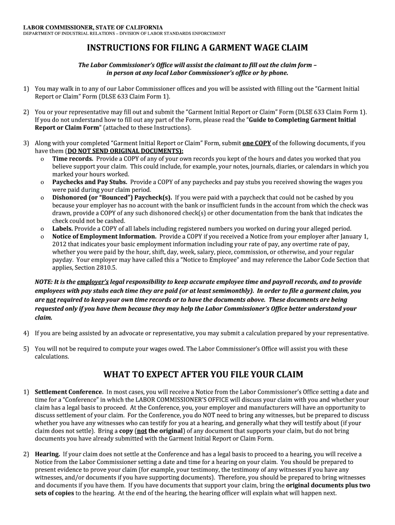 Fillable Online dir ca Instructions for Filing a Garment Wage Claim ...