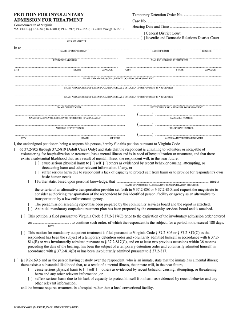 Fillable Online Clear All Data PETITION FOR INVOLUNTARY ADMISSION FOR ...