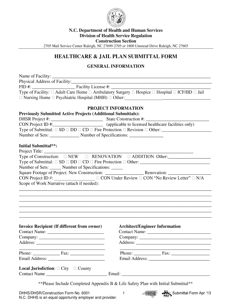 Fillable Online NC DHSR CONST Healthcare and Jail Plan Submittal Form ...