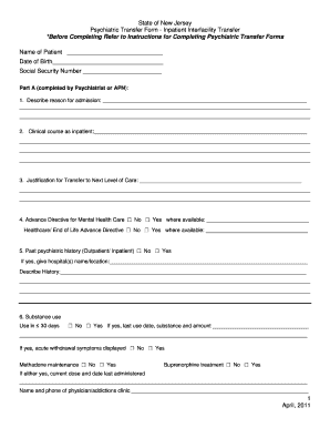 Fillable Online nj State of New Jersey Psychiatric Transfer Form ...