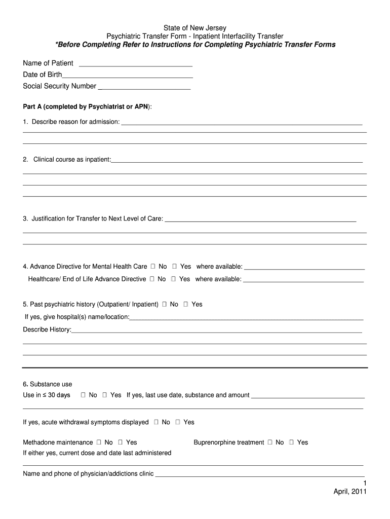 Fillable Online nj State of New Jersey Psychiatric Transfer Form ...