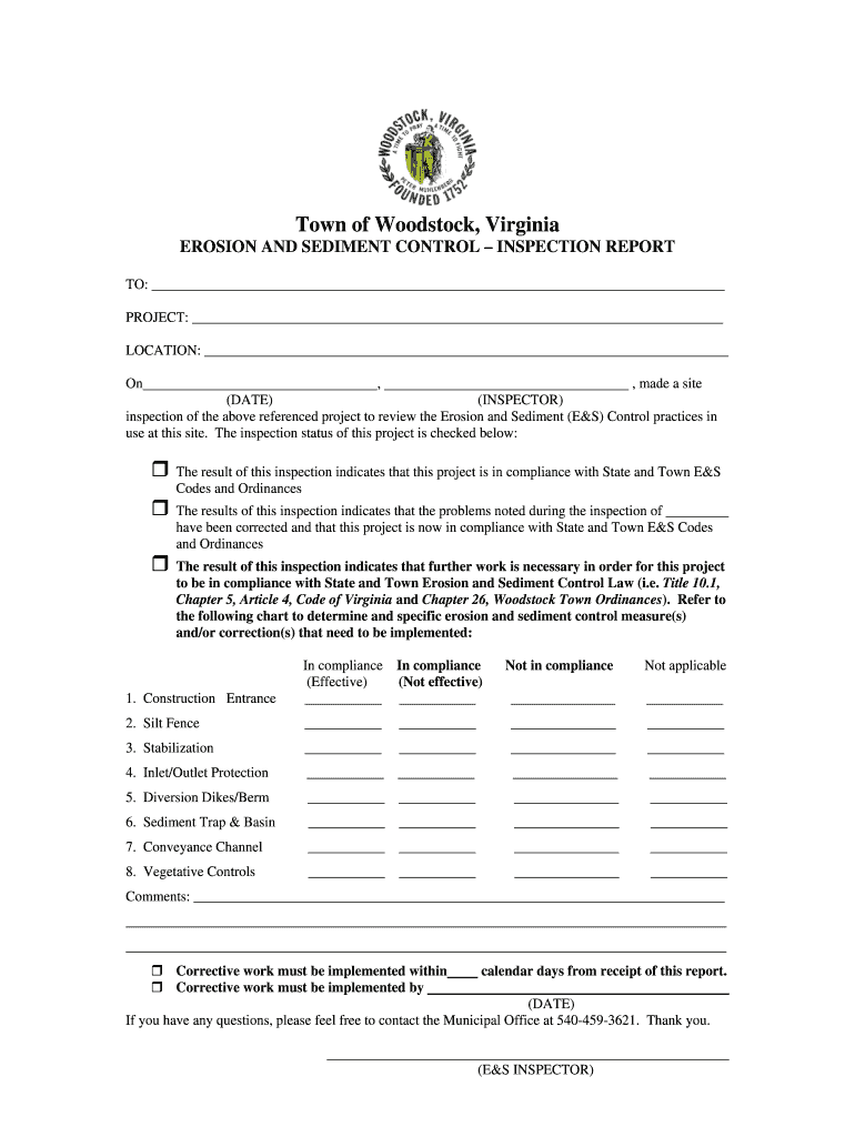 Fillable Online EROSION AND SEDIMENT CONTROL INSPECTION REPORT Fax ...
