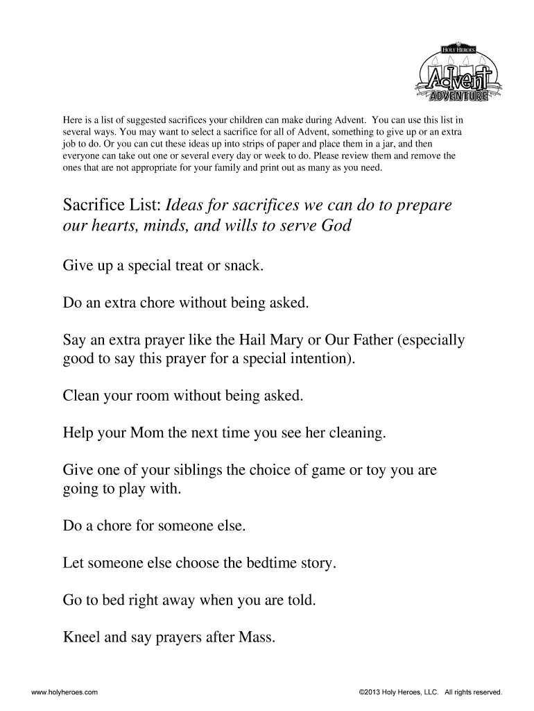 Advent Sacrifice List for Children - Blank Fillable Template | Fill Out ...