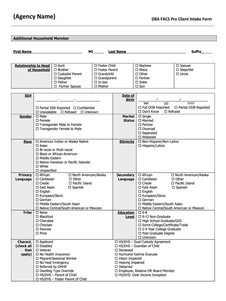 Fillable Online DBA Intake - Additional Household Member Form Fax Email ...