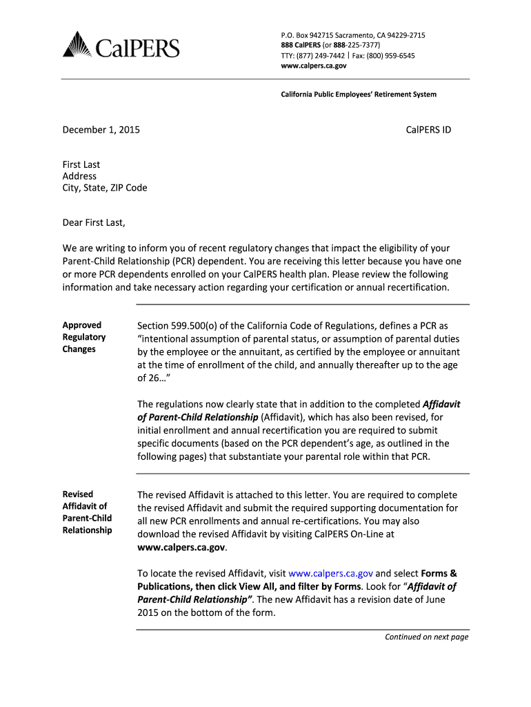 Fillable Online calpers ca PCR Subscriber Letter - CalPERS - calpers ca ...