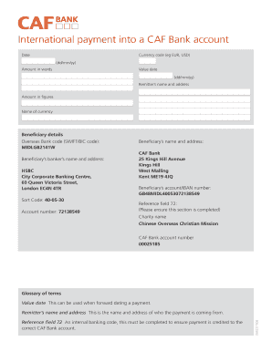Fillable Online cocm org International payment into a CAF Bank account ...