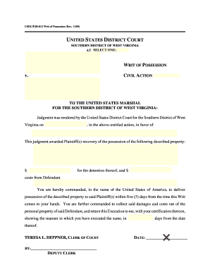 Fillable Online wvsd uscourts RESET FORM USDC/PJR012 Writ of Possession ...