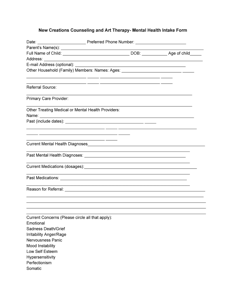 Fillable Online Mental Health Intake Form - NEW CREATIONS COUNSELING ...