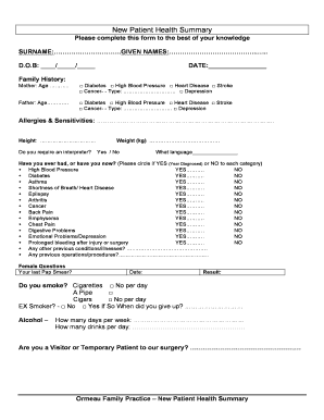 Fillable Online New Patient Health Summary Ormeaudoc Fax Email Print ...