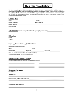 Fillable Online crsd Resume bWorksheetb Fax Email Print - pdfFiller