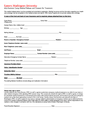 Fillable Online Eastern Washington University 2013 Summer Camp Medical ...