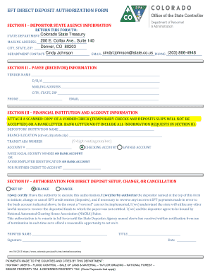 Fillable Online colorado EFT DIRECT DEPOSIT AUTHORIZATION FORM SECTION ...