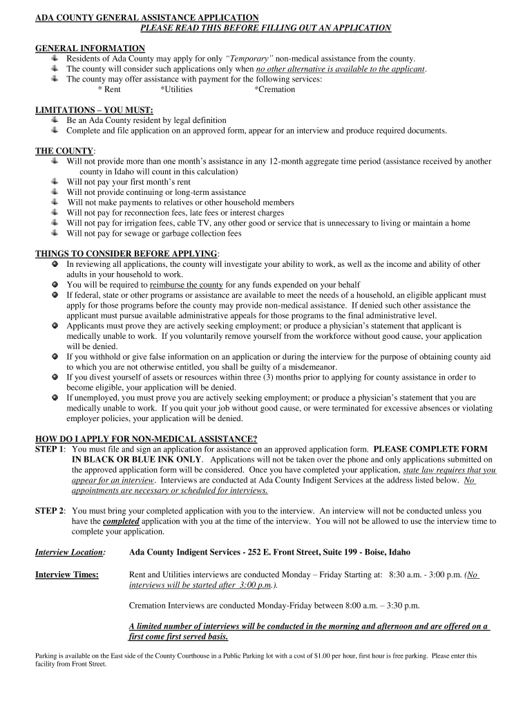 Fillable Online ADA COUNTY GENERAL ASSISTANCE APPLICATION PLEASE READ ...