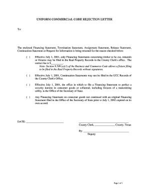 Fillable Online txcourts UNIFORM COMMERCIAL CODE REJECTION LETTER ...