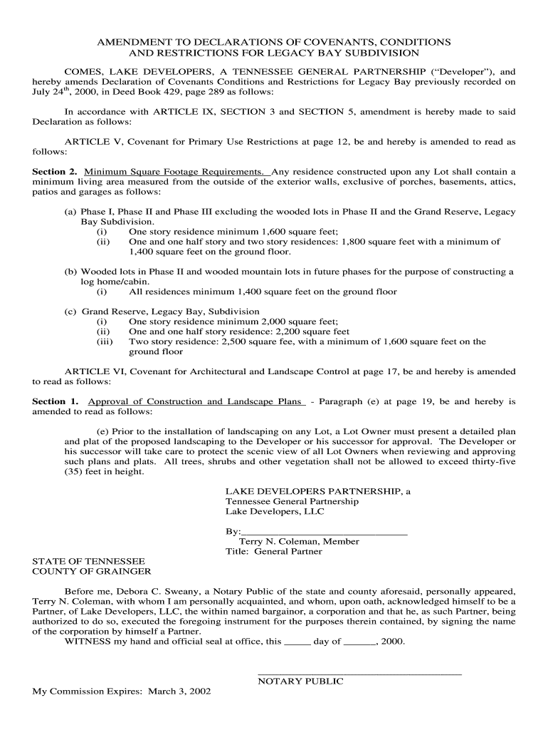 Fillable Online legacybay AMENDMENT TO DECLARATIONS OF COVENANTS, CONDITIONS - legacybay Fax ...