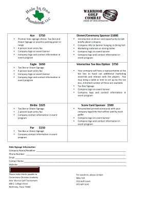 Fillable Online Ace $750 Dinner/Ceremony Sponsor $1000 Premier hole ...