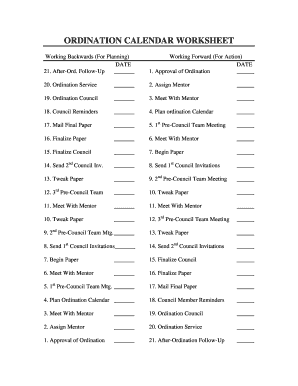 Fillable Online ORDINATION CALENDAR WORKSHEET - bGregoryktyreeb Fax ...