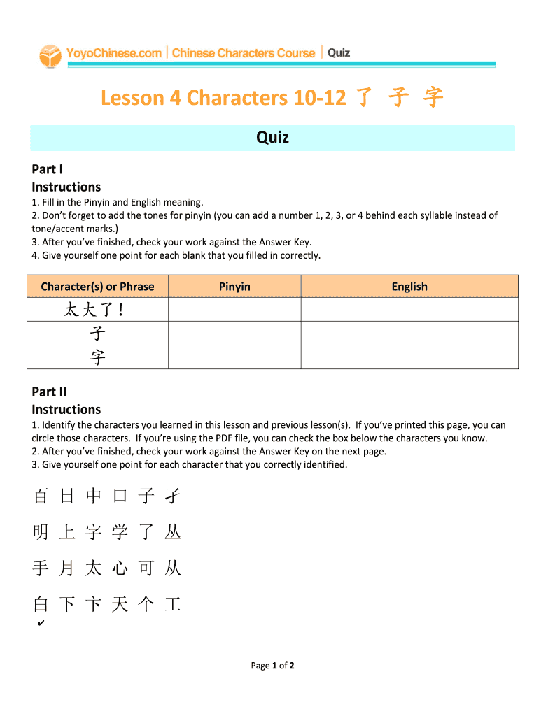 Fillable Online Lesson 4 Characters 1012 Quiz Part I Instructions 1 Fax Email Print - pdfFiller