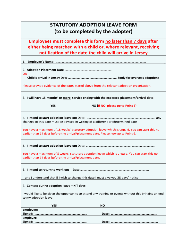 Fillable Online jacs org STATUTORY ADOPTION LEAVE FORM to be completed ...