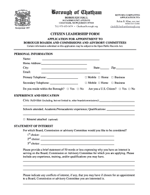 Fillable Online chathamborough Volunteer Application bFormb pdf ...