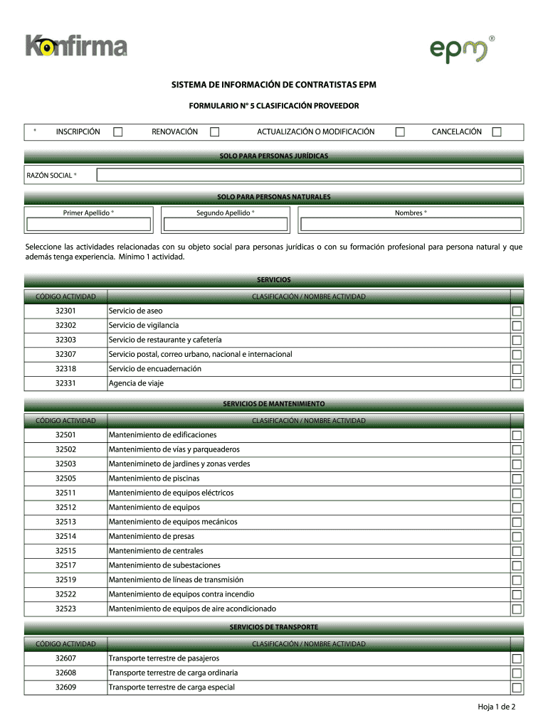 Fillable Online SISTEMA DE INFORMACIN DE CONTRATISTAS EPM FORMULARIO N 5 CLASIFICACIN PROVEEDOR ...
